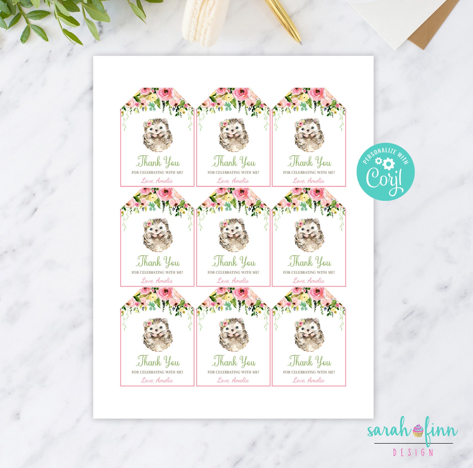 Hedgehog Favor Tags Editable Corjl Thank You Tags Birthday Party ...