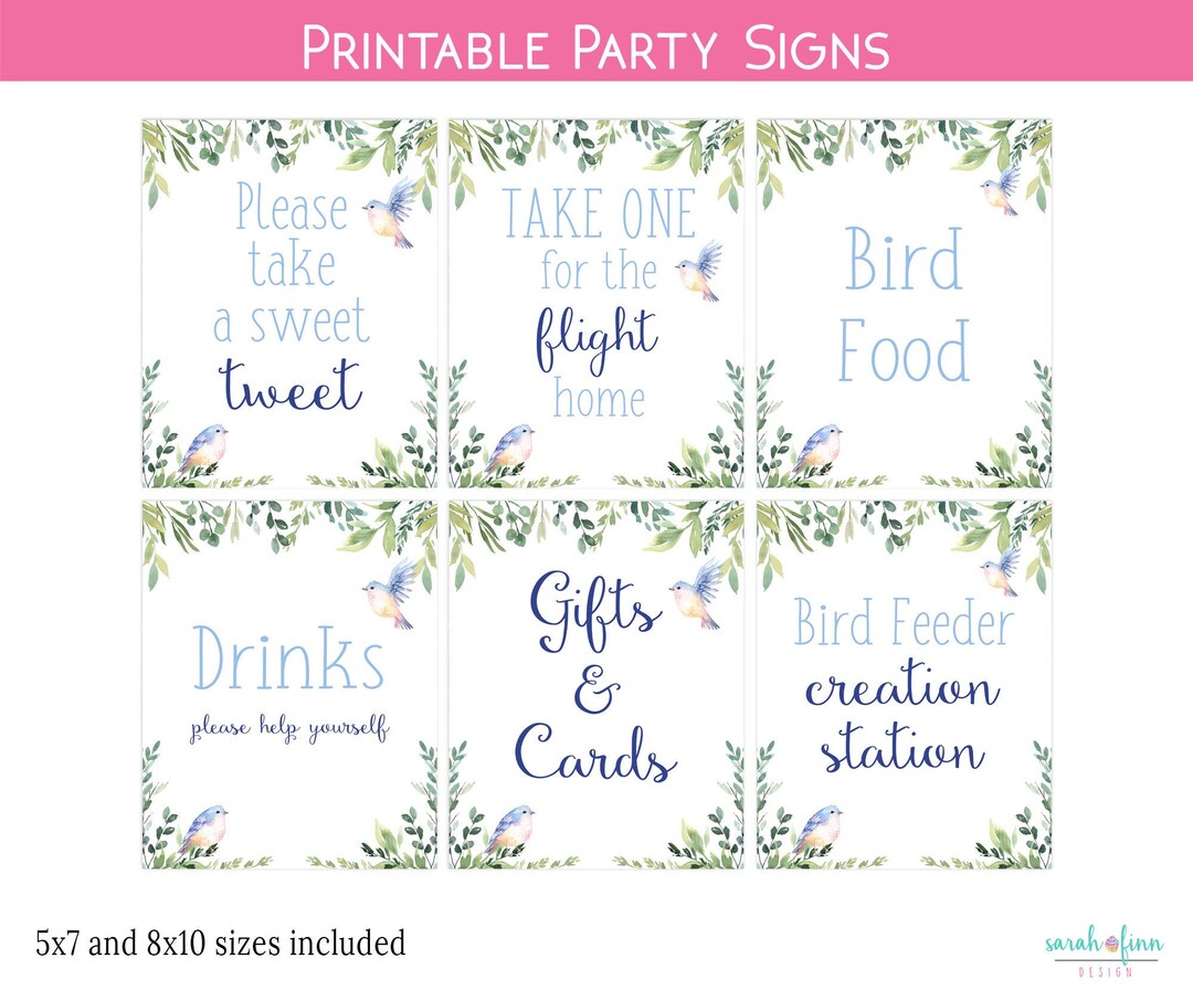 Bird Party Sign Set Printable Bird Party Signs Birthday Decor Favor ...