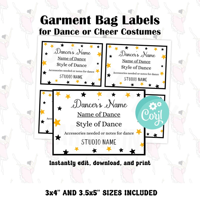 Dance Costume Cards Printable Garment Bag Labels for Dance Cheer ...