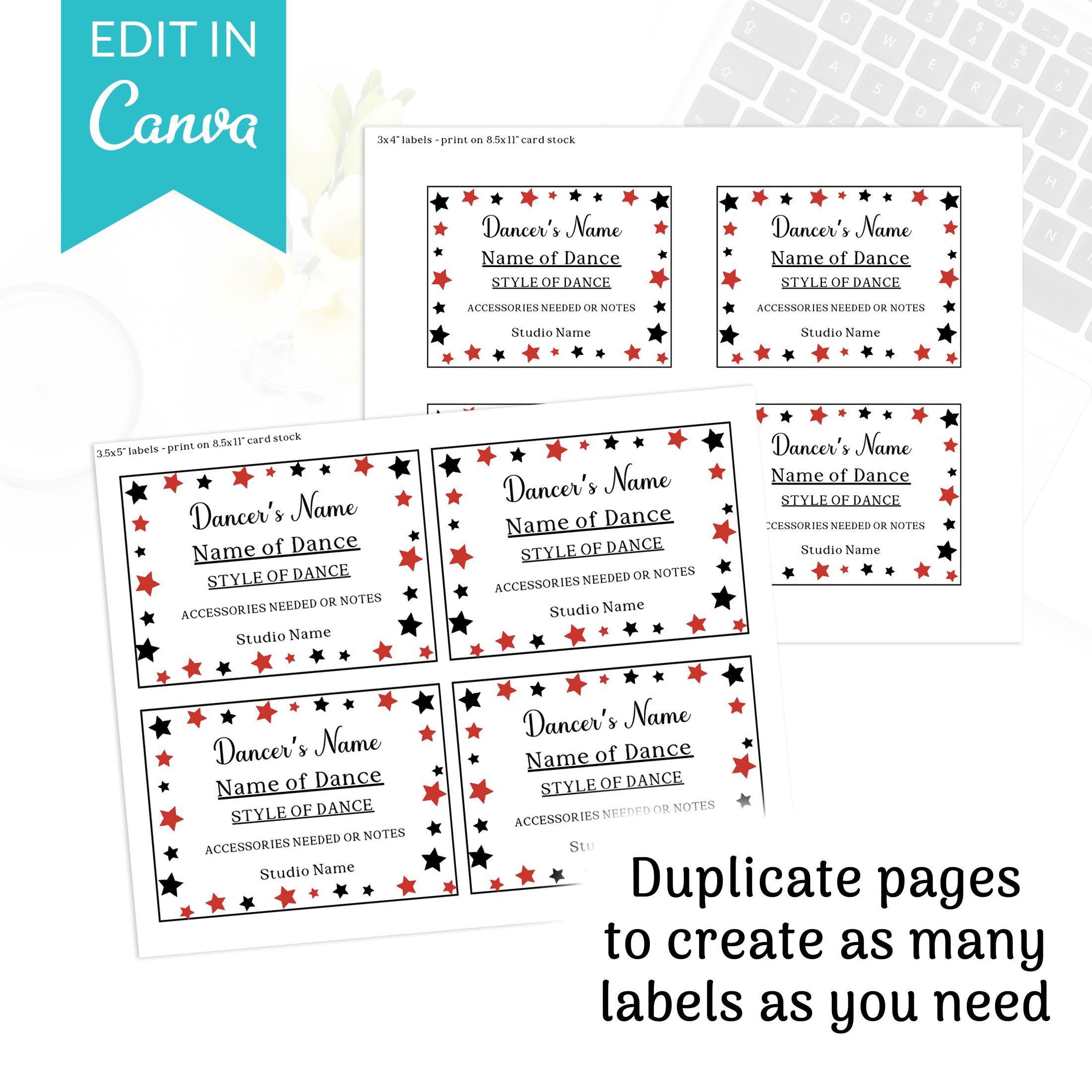 Dance Costume Cards Printable Garment Bag Labels for Dance Cheer ...