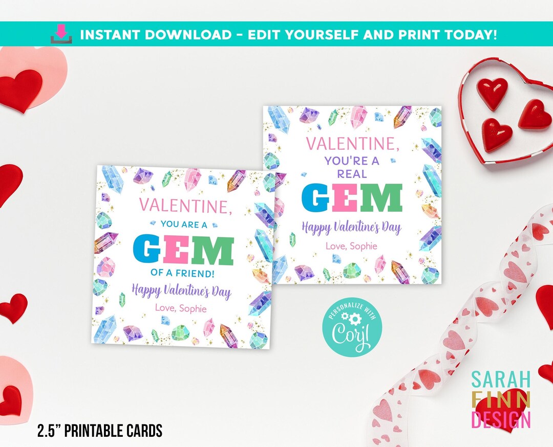 School Valentine Printable Ring Pop Gem Cards Classmate Valentine Tags ...