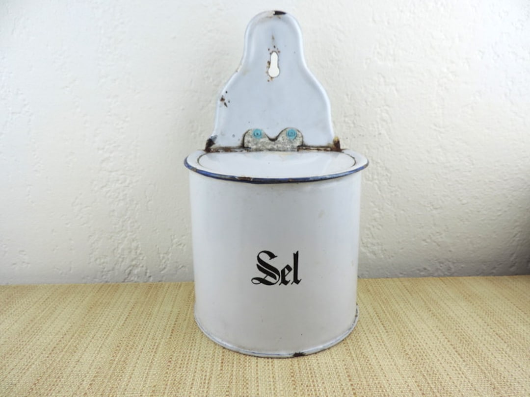 Vintage French White Enamel Wall Salt Box, Vintage French Kitchen Decor ...