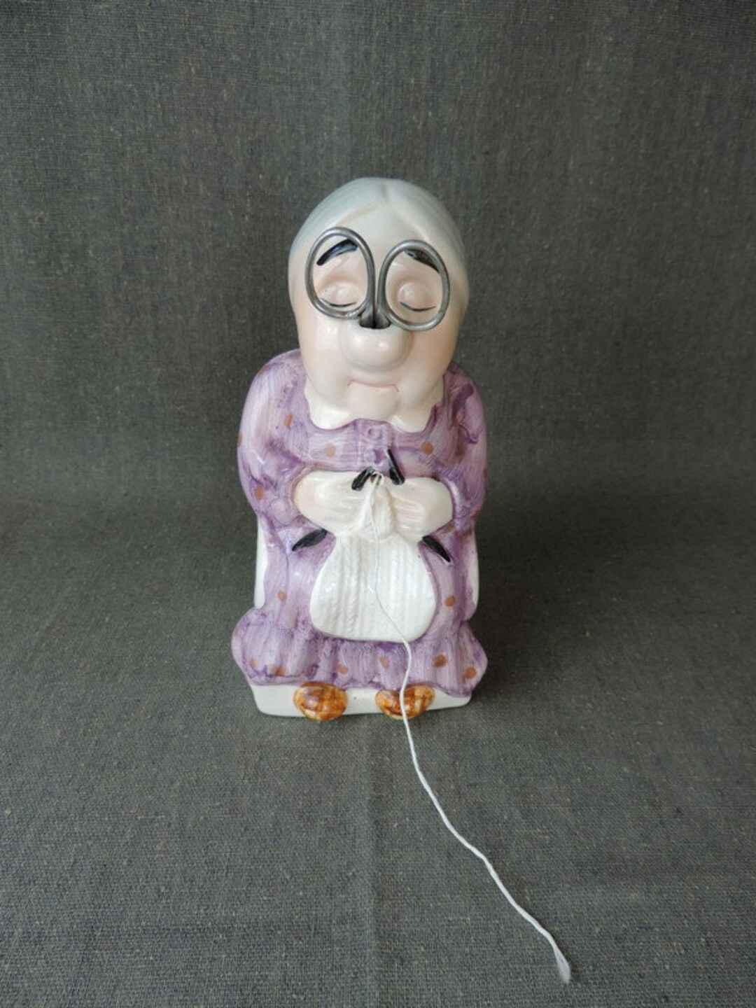 French Vintage Ceramic Twine Dispenser With Scissors, Knitting Grandma ...