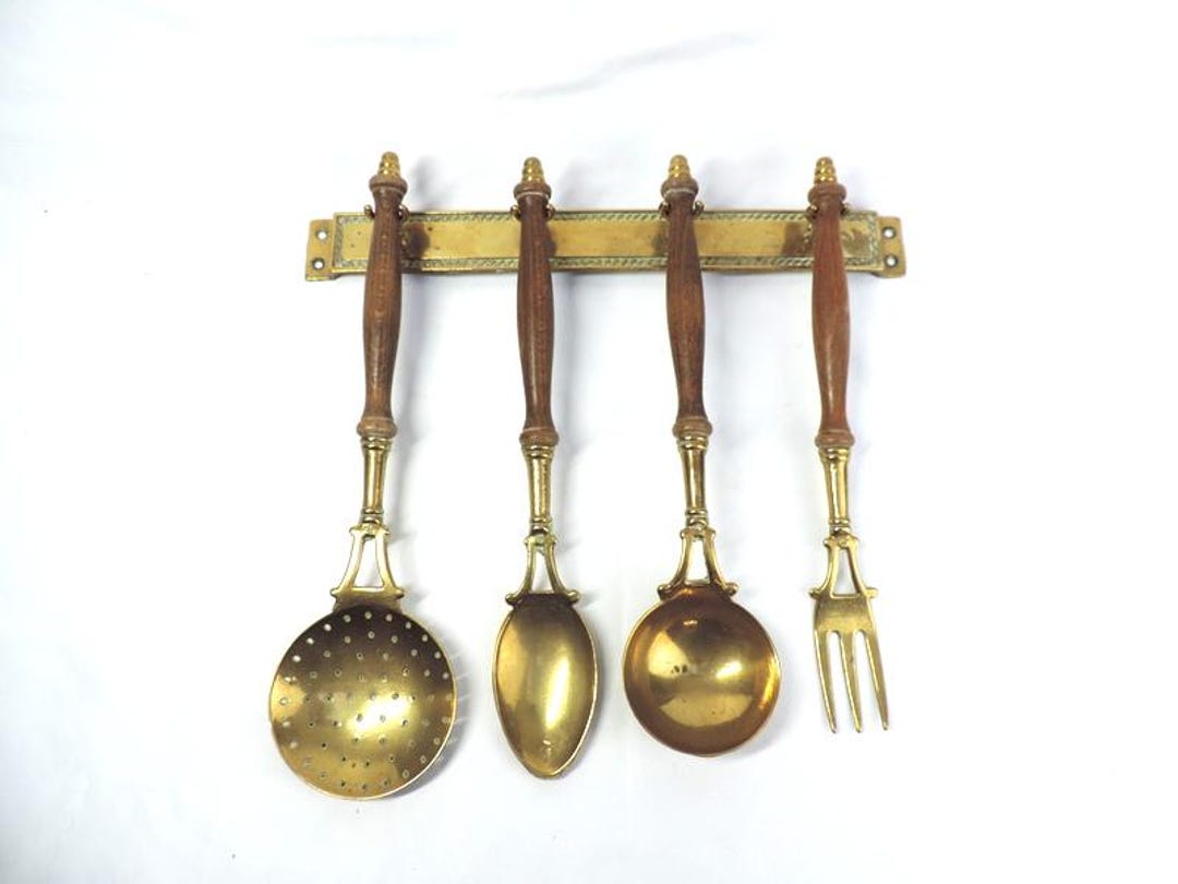 French Vintage Set of 4 Brass Kitchen Utensils With Wood Handles and ...