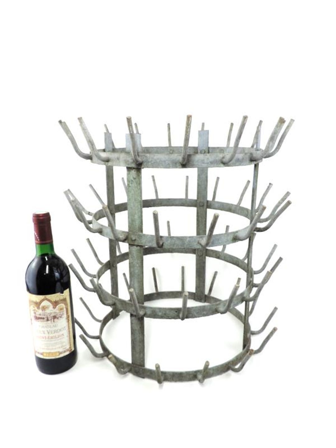 French Vintage Galvanized Steel Cylindrical Bottle Drying Rack With 64 ...
