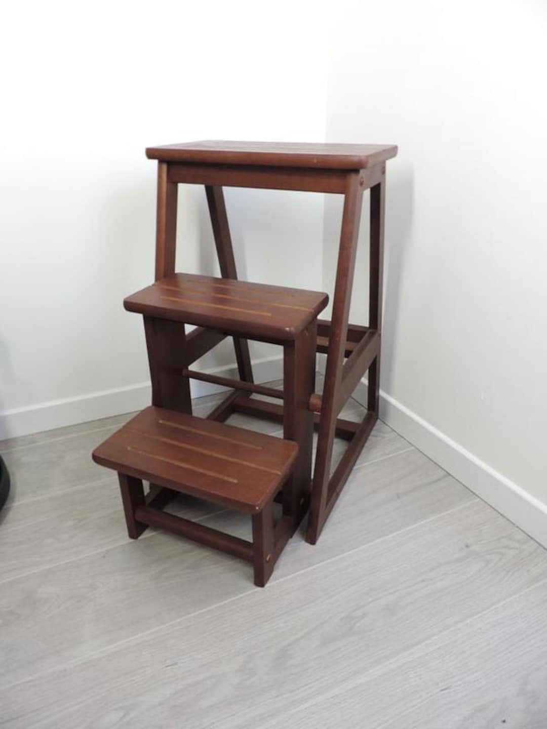 French Vintage Solid Wood Folding Library Step Ladder, Collapsible Step ...