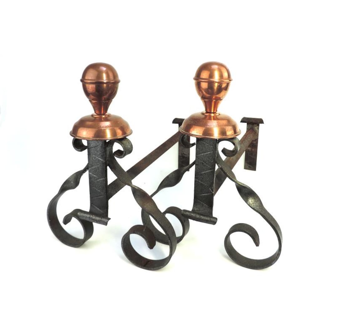 French Vintage Wrought Iron and Copper Andirons Fireplace Decor - Etsy