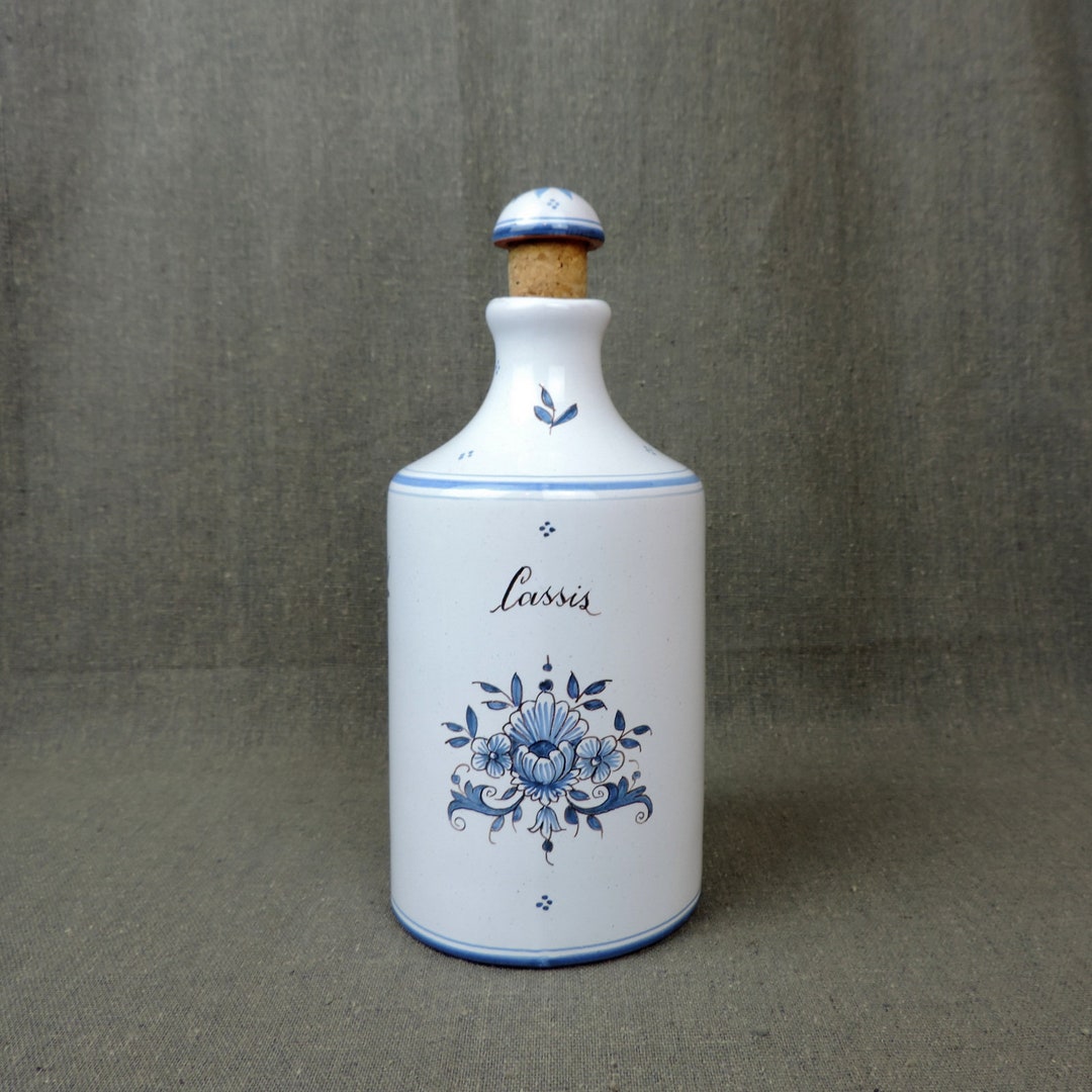 French Vintage Hand Painted Stoneware Liquor Bottle, Handmade Rouen ...