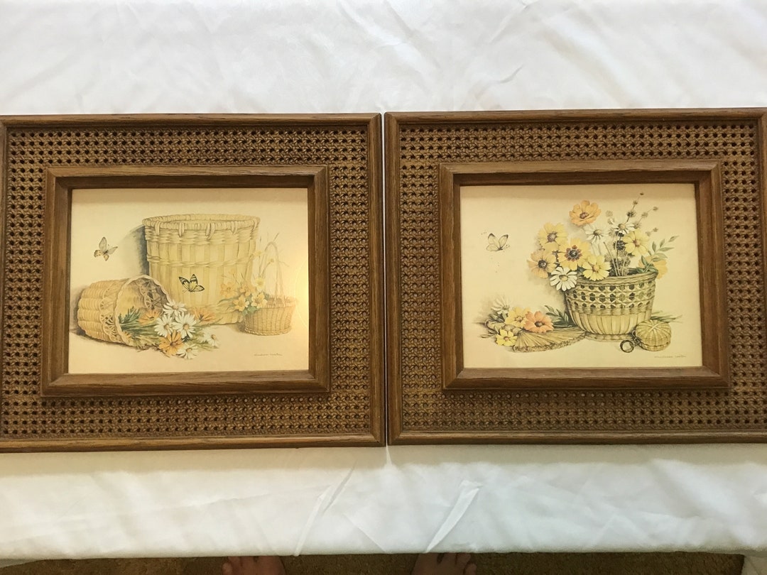 Pair 70s Homco Daisy Pictures, Faux Wood & Caning Frames - Etsy