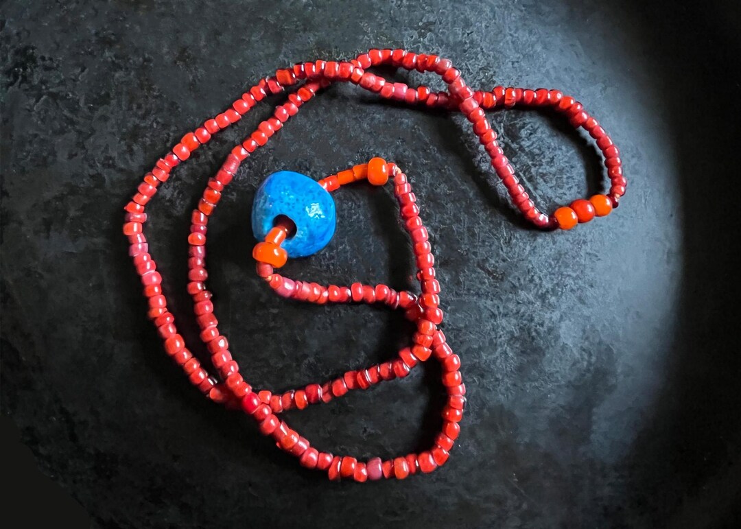 Necklace of Soft, Pink/orange Antique White Heart Beads With Blue ...
