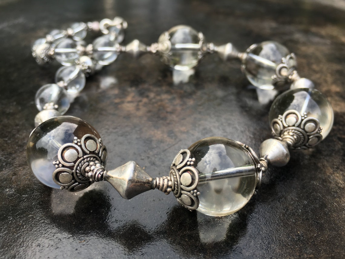 Necklace of Spherical Crystal Beads and Vintage Hand Made Bali Silver ...