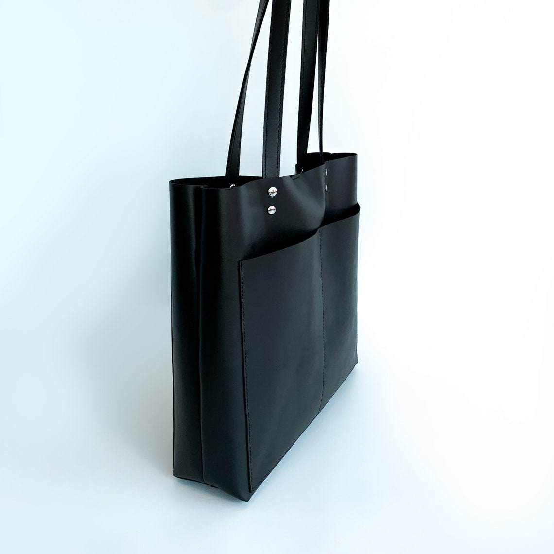 Large Black Leather Tote Bag With Large Pockets Handmade - Etsy Australia