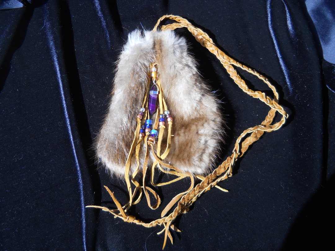Drawstring Fur Pouch- Decorated Beaver Fur, With Purple Stone Pendant ...