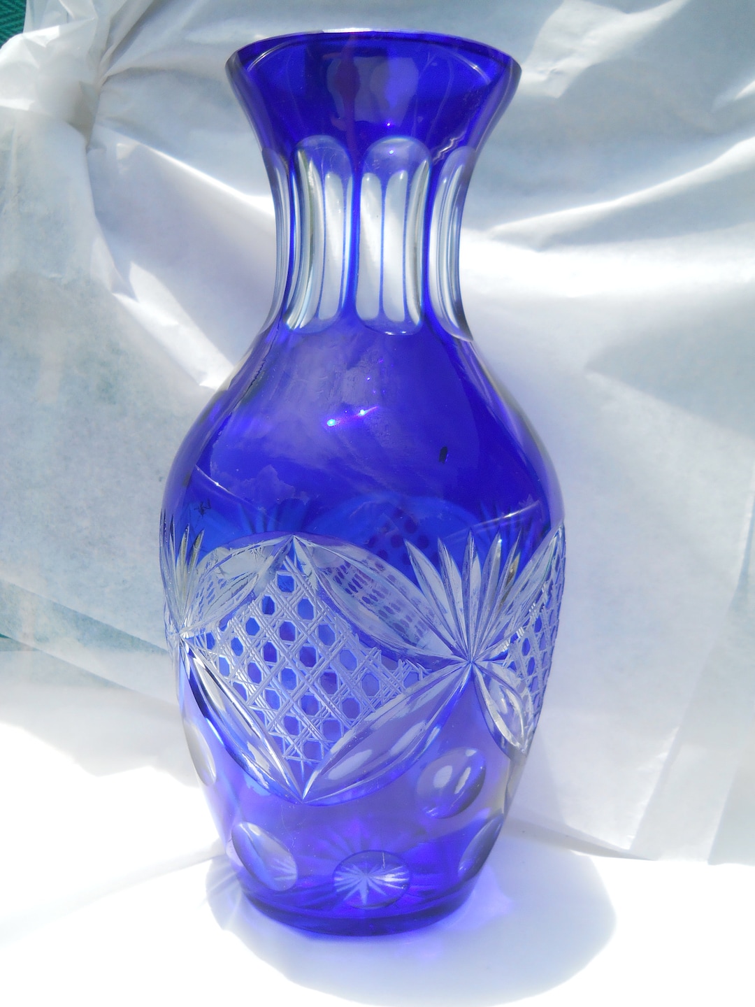 Rare Vintage, Cut Cobalt Blue Glass Vase, Bohemian Czech Handmade Glass. - Etsy