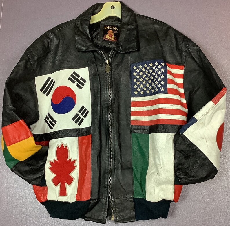Vintage 1990s Phase 3 Leather Bomber Style Jacket With International ...