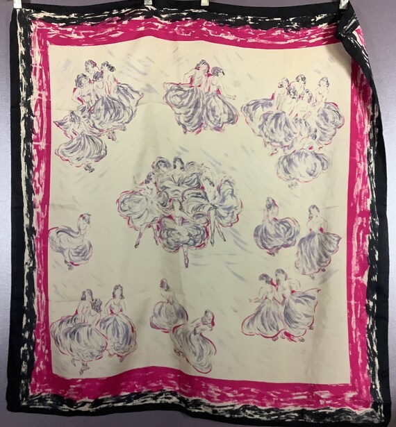 Vintage 1950s Rayon-Silk Scarf with Dancing Ladies - Gem