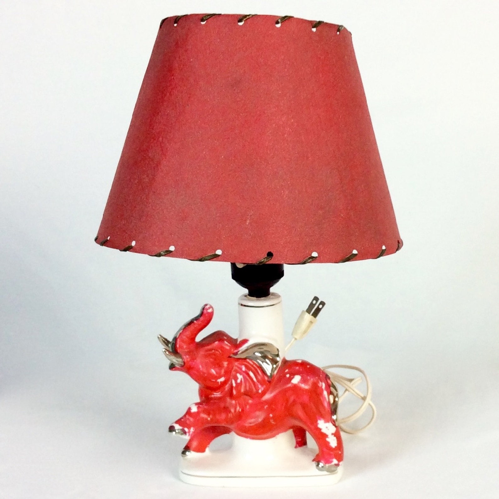 Vintage 1950s Red Elephant Lamp With Reproduction Fiberglass Lampshade ...