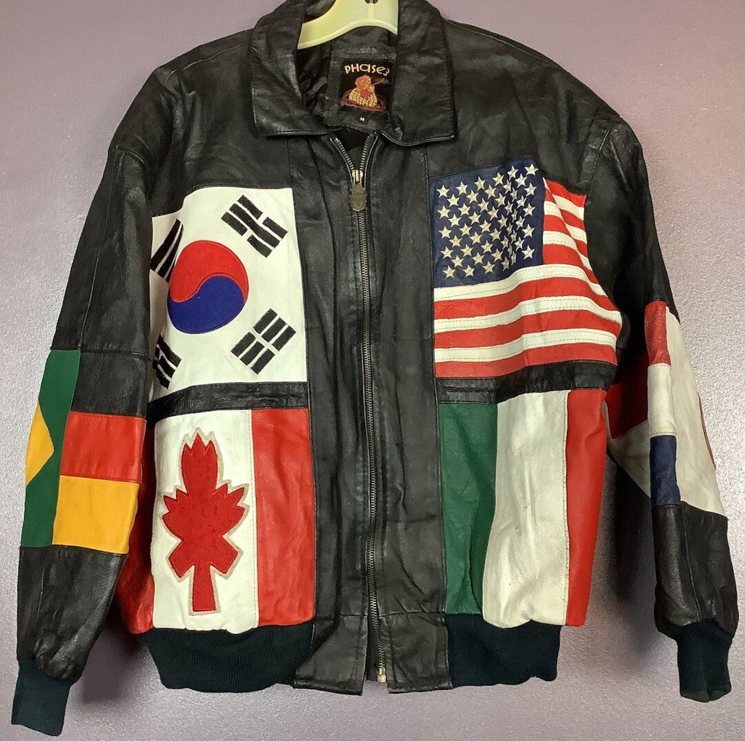Vintage 1990s Phase 3 Leather Bomber Style Jacket With International ...
