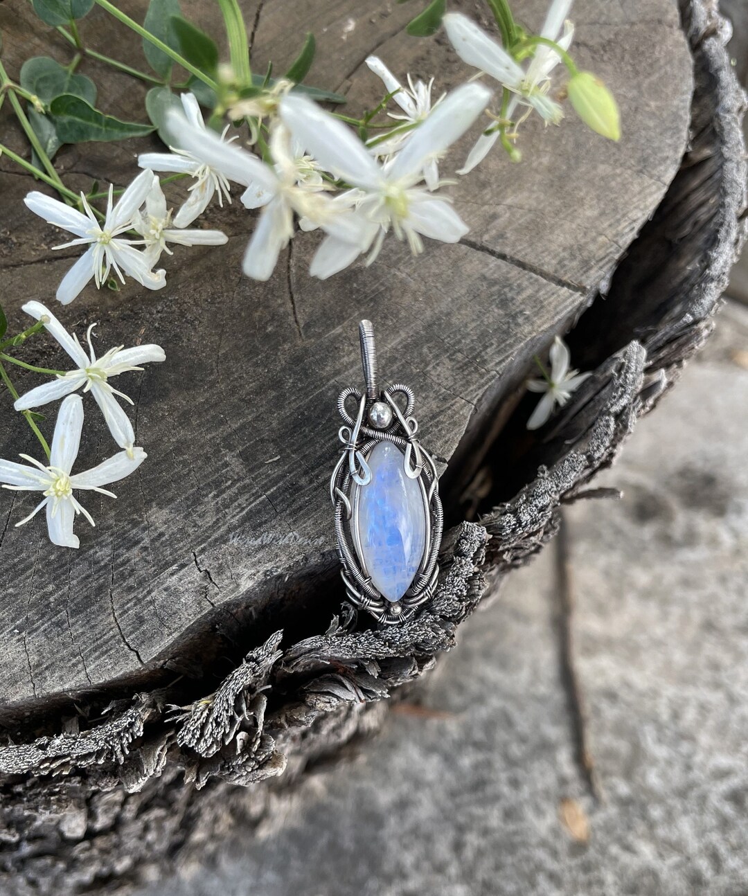 Rainbow Moonstone Oxidized Sterling Silver Wire Wrapped Necklace, Wire ...
