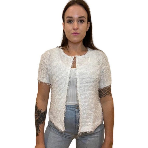 White Fuzzy Top, Button Up Short Sleeve Cardigan, Wom… - Gem