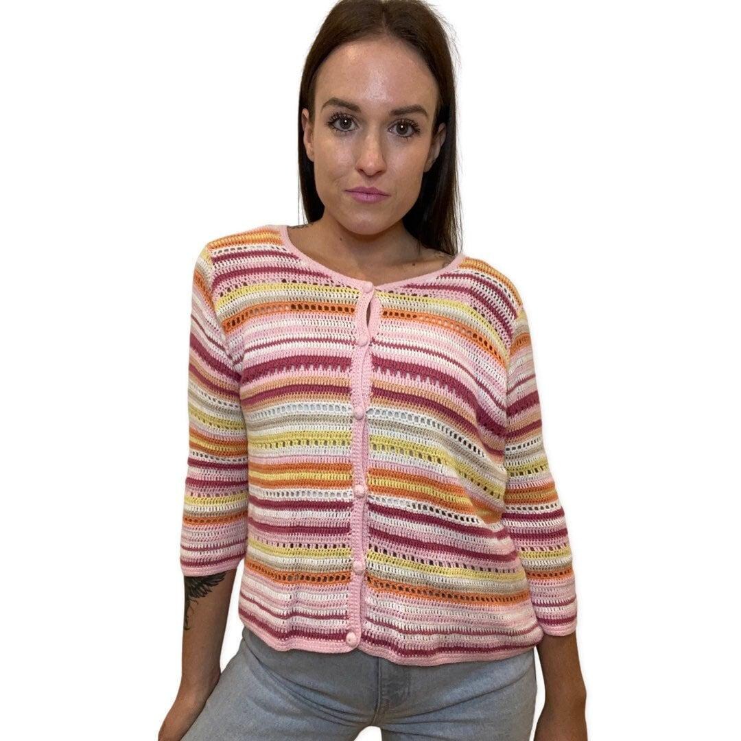 Crochet Cardigan, Vintage Pink Button up Sweater, Liz Claiborne, Pastel ...