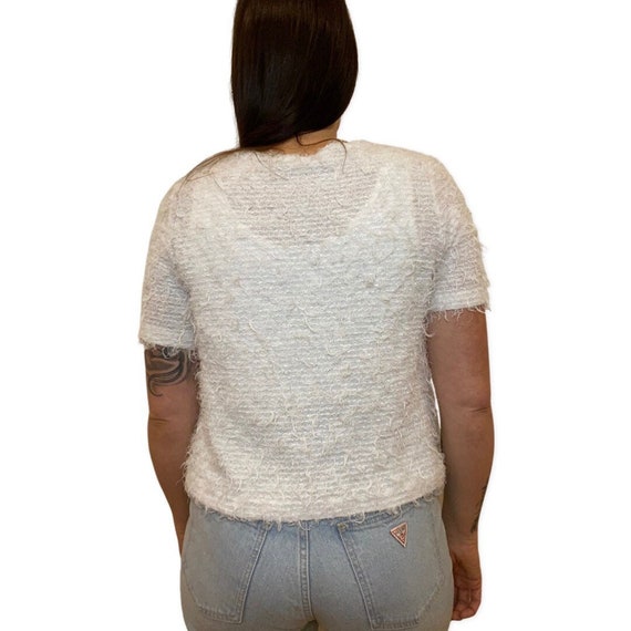 White Fuzzy Top, Button Up Short Sleeve Cardigan, Wom… - Gem