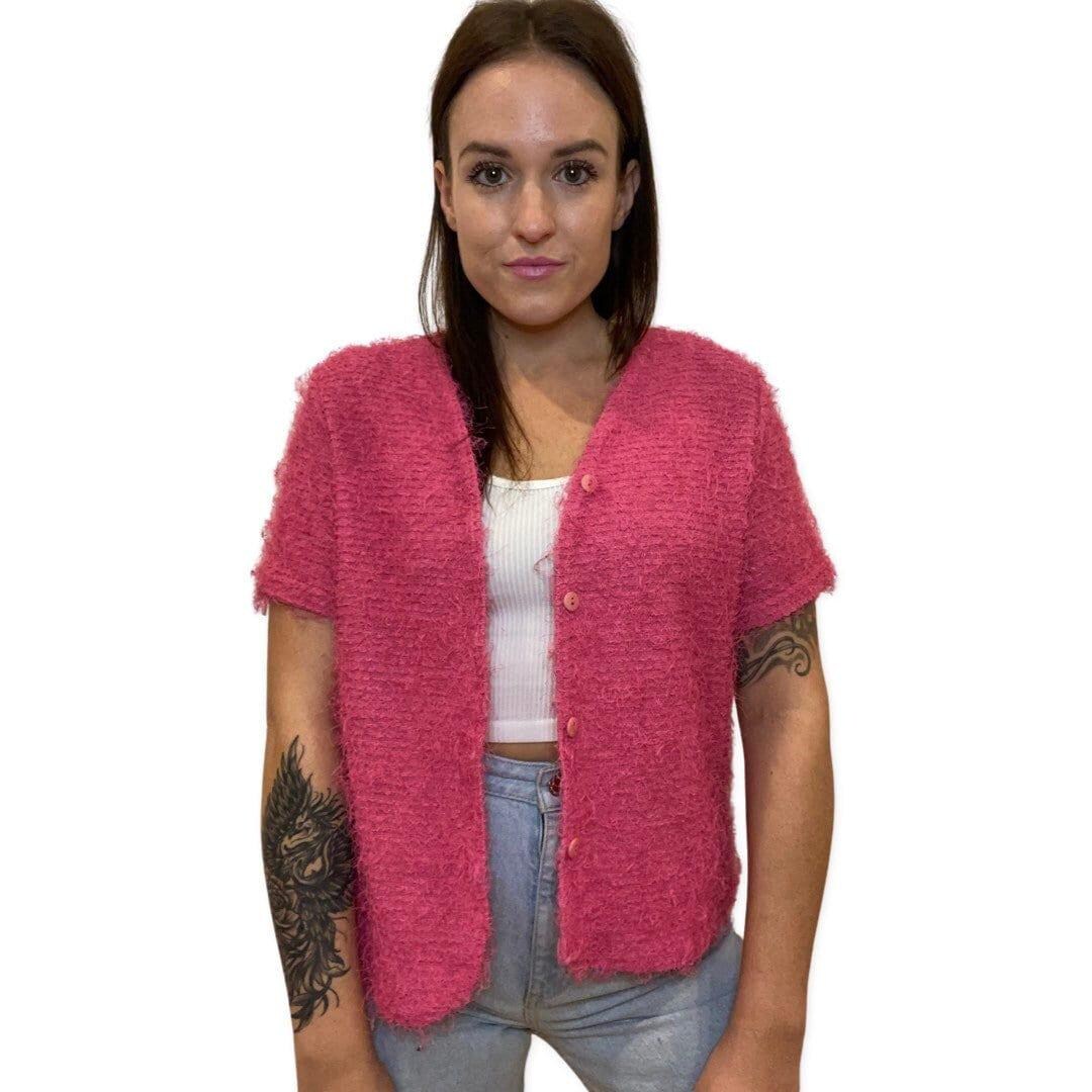 Pink Fuzzy Top, Y2K Button up Magenta Short Sleeve Cardigan, Fluffy Top ...