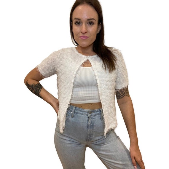 White Fuzzy Top, Button Up Short Sleeve Cardigan, Wom… - Gem
