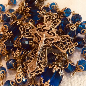 ROSARY ~ Sapphire Blue Crystals ~ French Crucifix ~ Bronze ~ Communion ...