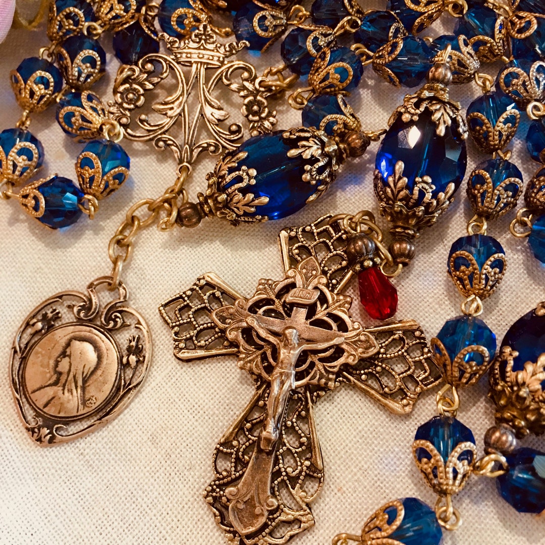 ROSARY ~ Sapphire Blue Crystals ~ French Crucifix ~ Bronze ~ Communion ...