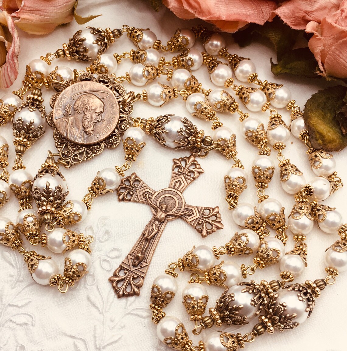 Rosary B St Joseph Shell Pearls Sacred Heart of Jesus Handmade ...