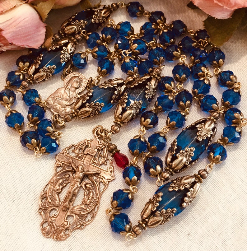 Rosary Blue Crystal Our Lady of Sorrows handmade Heirloom Quality - Etsy