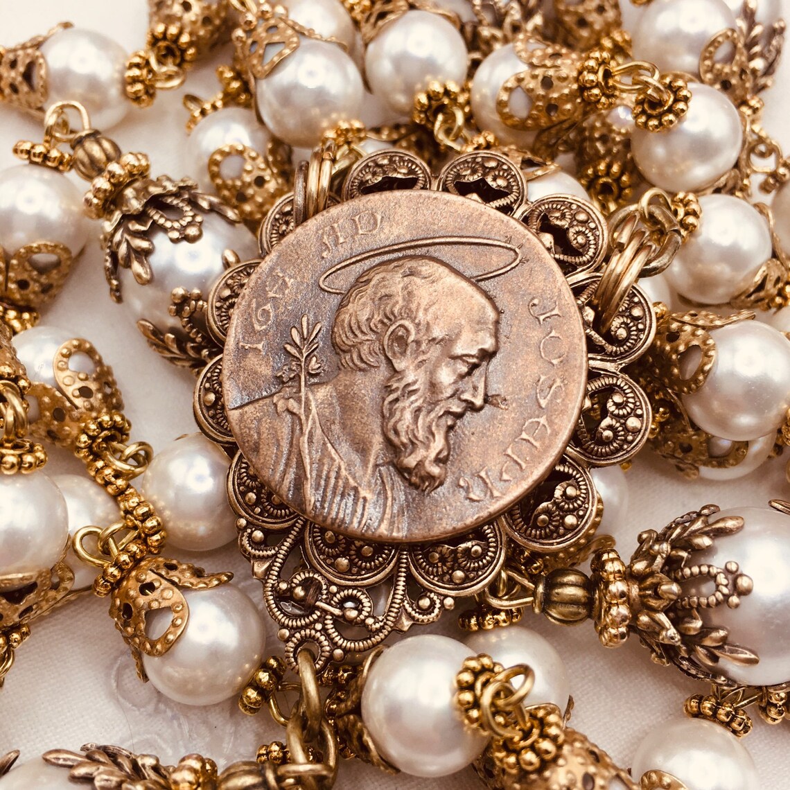 Rosary B St Joseph Shell Pearls Sacred Heart of Jesus Handmade ...