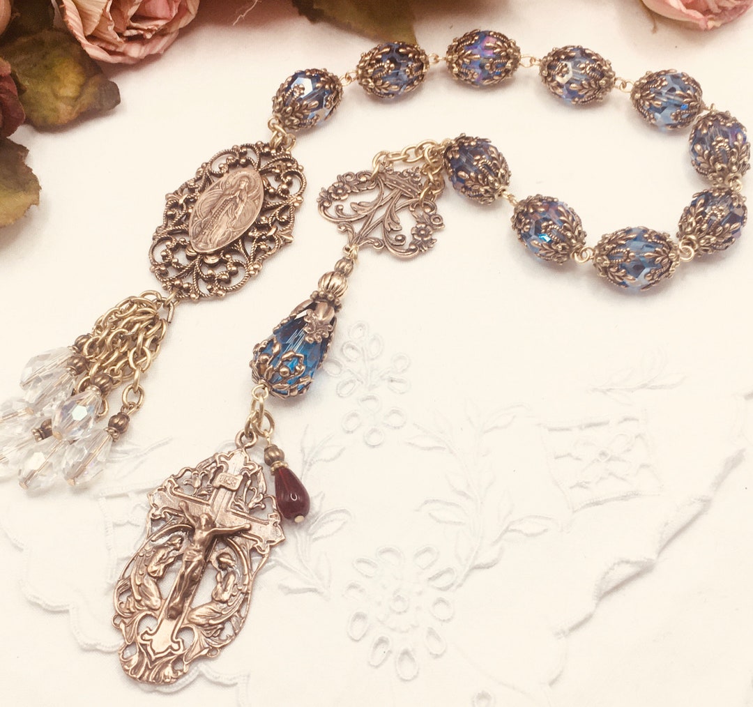 Handmade Crystal One Decade Rosary: Filigree Bronze Our Lady of Lourdes ...