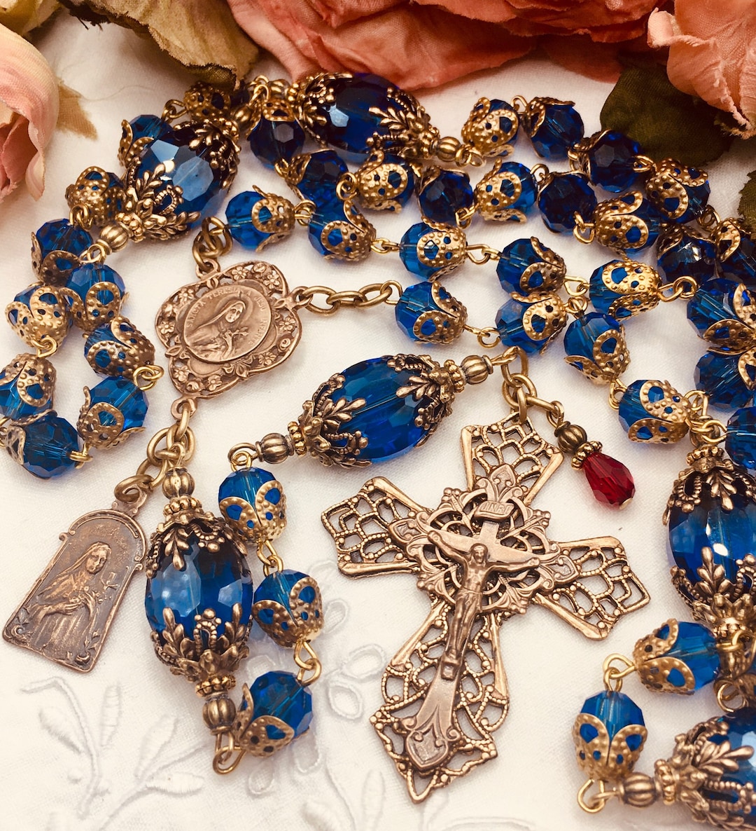 St. Therese Rosary, Sapphire Blue Crystal Beads, Handmade Catholic RCIA ...