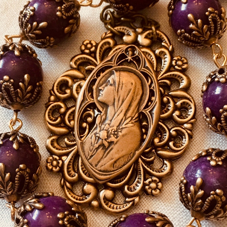 Rosary ~ Chaplet ~ Purple Jade ~ Fleur De Lis ~ Bronze ~ Handmade ...