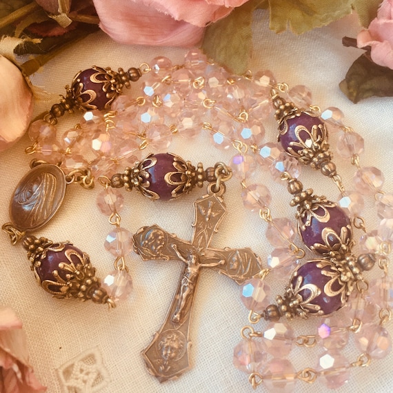Rosary Pale Pink Crystals Holy Family Crucifix Purple - Etsy