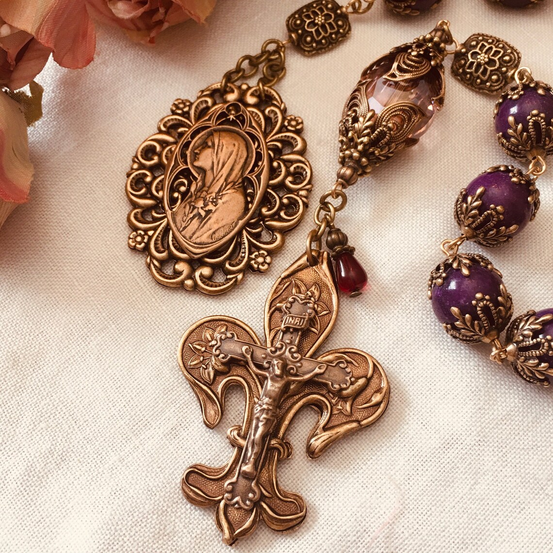 Rosary ~ Chaplet ~ Purple Jade ~ Fleur De Lis ~ Bronze ~ Handmade ...