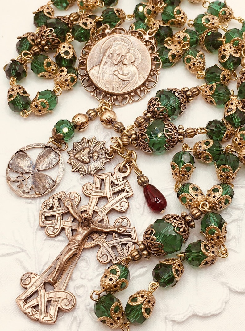 Irish Rosary Celtic Crucifix Emerald Green Madonna and Child Sacred ...