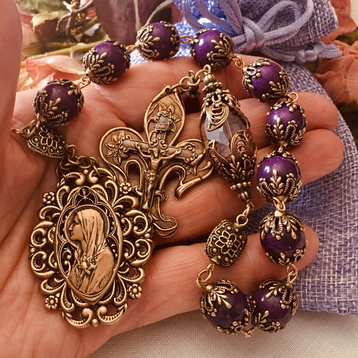 Rosary ~ Chaplet ~ Purple Jade ~ Fleur De Lis ~ Bronze ~ Handmade ...