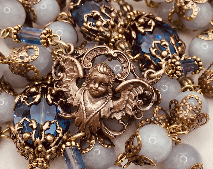 Guardian Angel Rosary: Light Blue Jade & Crystal, Bronze Crucifix - Etsy