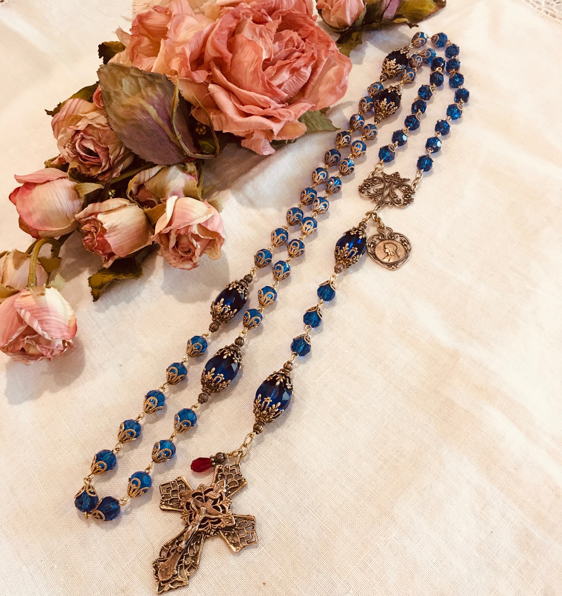 ROSARY ~ Sapphire Blue Crystals ~ French Crucifix ~ Bronze ~ Communion ...