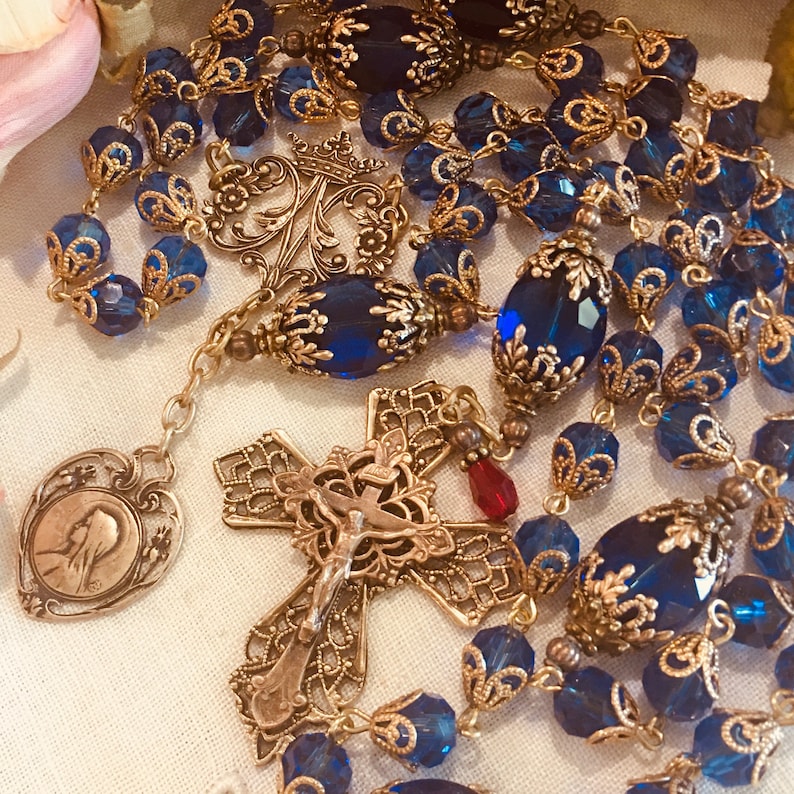 ROSARY ~ Sapphire Blue Crystals ~ French Crucifix ~ Bronze ~ Communion ...