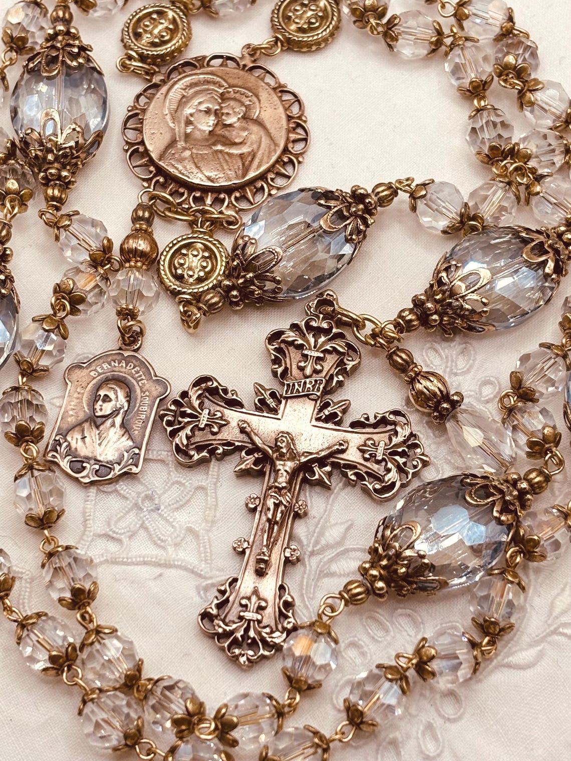 ROSARY ~ St. Bernadette ~ Madonna & Child ~ French Crucifix ~ Crystal ...