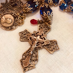 ROSARY ~ Sapphire Blue Crystals ~ French Crucifix ~ Bronze ~ Communion ...