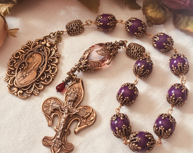 Rosary ~ Chaplet ~ Purple Jade ~ Fleur De Lis ~ Bronze ~ Handmade ...