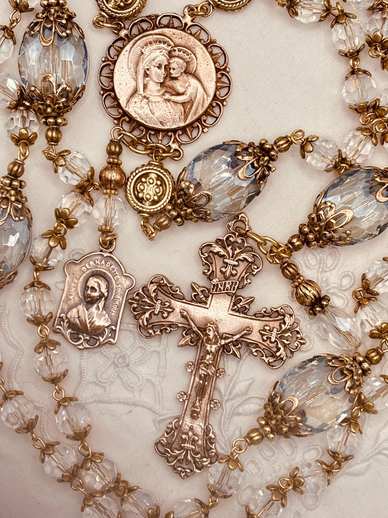 ROSARY ~ St. Bernadette ~ Madonna & Child ~ French Crucifix ~ Crystal ...