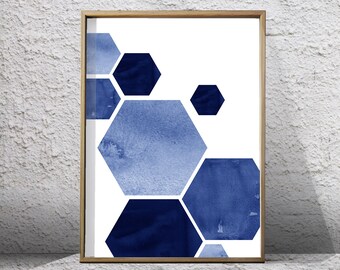 Blue Abstract Watercolor Print Geometric Art Hexagons | Etsy