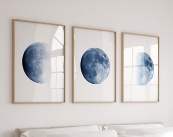 Moon Prints Set Indigo Blue Wall Art Lunar Phases Large - Etsy
