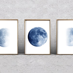 Moon Art Prints Set, Blue Wall Art Moon Phases Lunar Posters Set of 3 ...